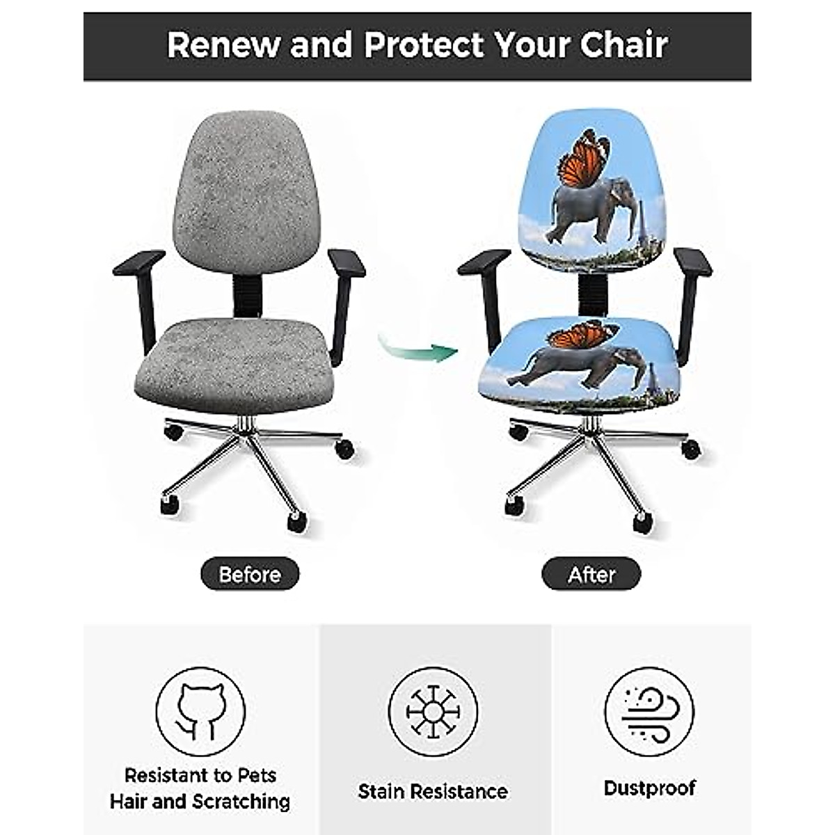 Big buy store Office Chair Cover Butterfly Elephant Desk Chair Cover Stretch Elastic Universal Computer Chair Covers Funny Animal Stretch Rotating Chair Slipcovers Protectors