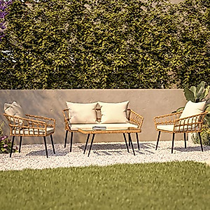 Flash Furniture Evin Boho 4 Piece Patio Conversation Set - Natural Rope Rattan - Cream All-Weather Cushions - Tempered Glass Top Coffee Table - Indoor/Outdoor