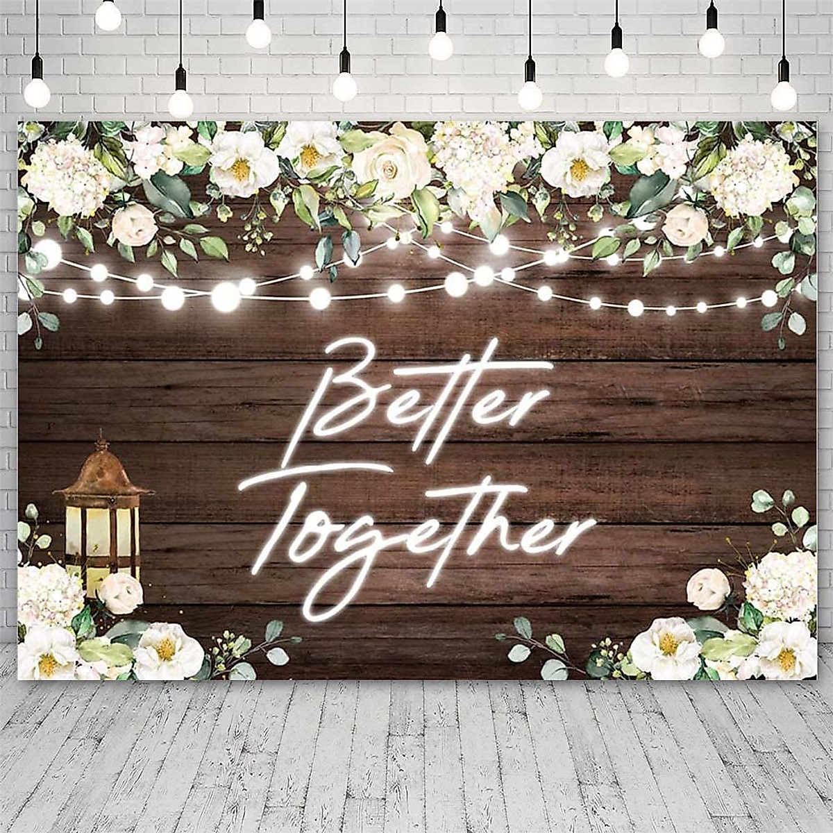 AIBIIN 8x6ft Better Together Backdrop for Wedding Rustic Wooden Photography Background White Flowers Wedding Bridal Shower Party Decorations Banner Photo Booth Props