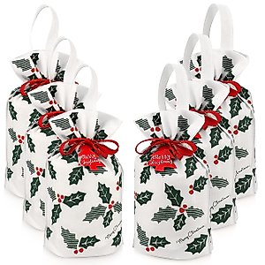 Fabric Gift Bags for Christmas Presents - Set of 6 Christmas Bags with Drawstring, Large Christmas Gift Bags for Presents, Christmas Gift Wrap, Reusable Christmas Bags for Gifts (Christmas Holly)