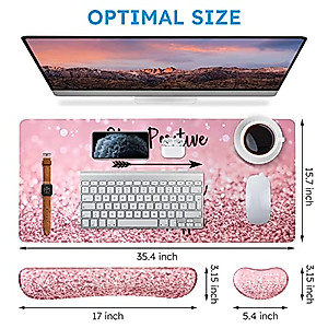 iCasso Keyboard Mouse Pad Set,Extended Gaming Mouse Pad+Keyboard Wrist Rest Support , Memory Foam, Easy Typing Pain Relief, 3Pcs (35.4×15.7 in) XXL Ultra Thick Desk Mat -Pink Stay Positive