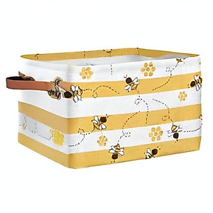 Storage Baskets with Handles, Bee Honeycomb Yellow White Stripe Storage Cube Rectangular Fabric Collapsible Toy Storage Bin Organizer for Closet Shelf Laundry Nursery Kids Bedroom, 15x11x9.5 In,1 Pack