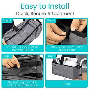 Vive Walker Basket Accessories Bag - Tray for Folding Walker with Water Cup Holder & Pockets - Universal Large Capacity Storage Container for Seniors, Elderly - Storage Mobility Aid Pouch (Gray)