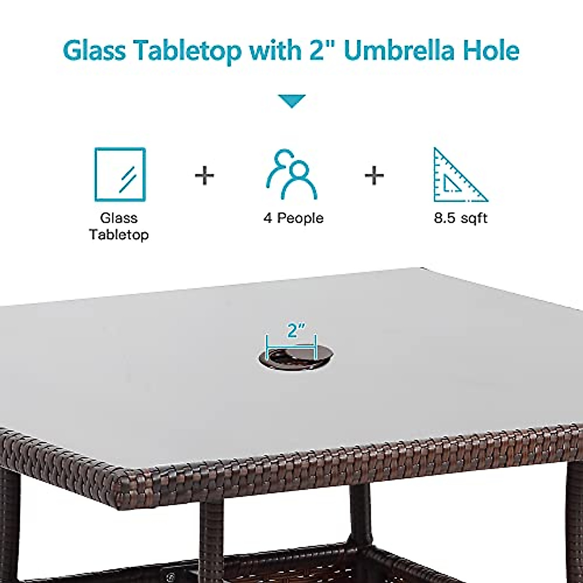 Odoor Direct 5 Piece Patio Dining Set, Patio Table and Chairs Set for 4, Wicker Outdoor Furniture, Square Tempered Glass Tabletop with Umbrella Hole, for Balcony, Backyard, Front Porch,Grey