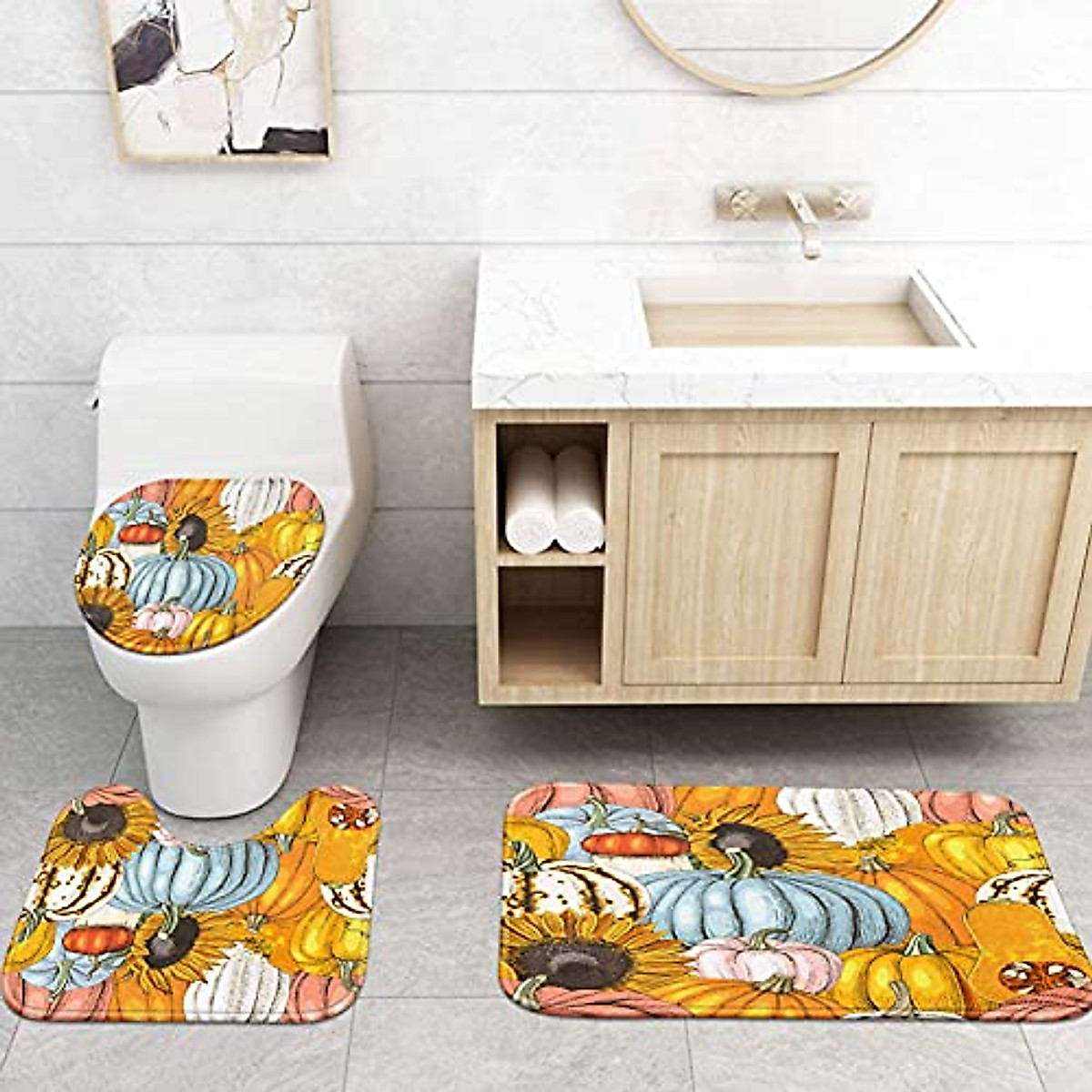 ArtSocket 4 Pcs Shower Curtain Set Pumpkin Gourd Sunflower Autumn Orange Harvest Season with Non-Slip Rugs Toilet Lid Cover and Bath Mat Bathroom Decor Set 72" x 72"
