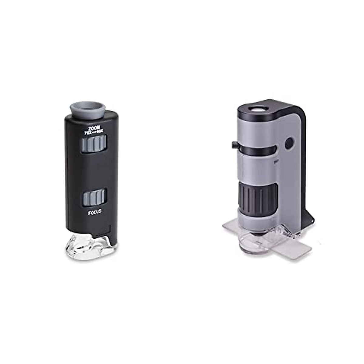 Carson 60x-75x MicroMax LED Lighted Pocket Microscope (MM-200) & MicroFlip 100x-250x LED and UV Lighted Pocket Microscope with Flip Down Slide Base and Smartphone Digiscoping Clip (MP-250)