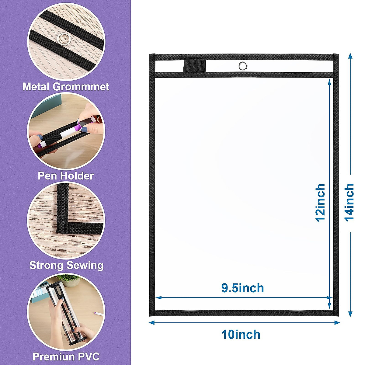 Nezyo 50 Pieces Dry Erase Pockets Plastic Job Ticket Holders Shop Holder Order Pockets Clear Sleeves Tickets Folders Plastic Sleeves for Paper Teacher Supplies for Classroom(Black,14 x 10 Inches)