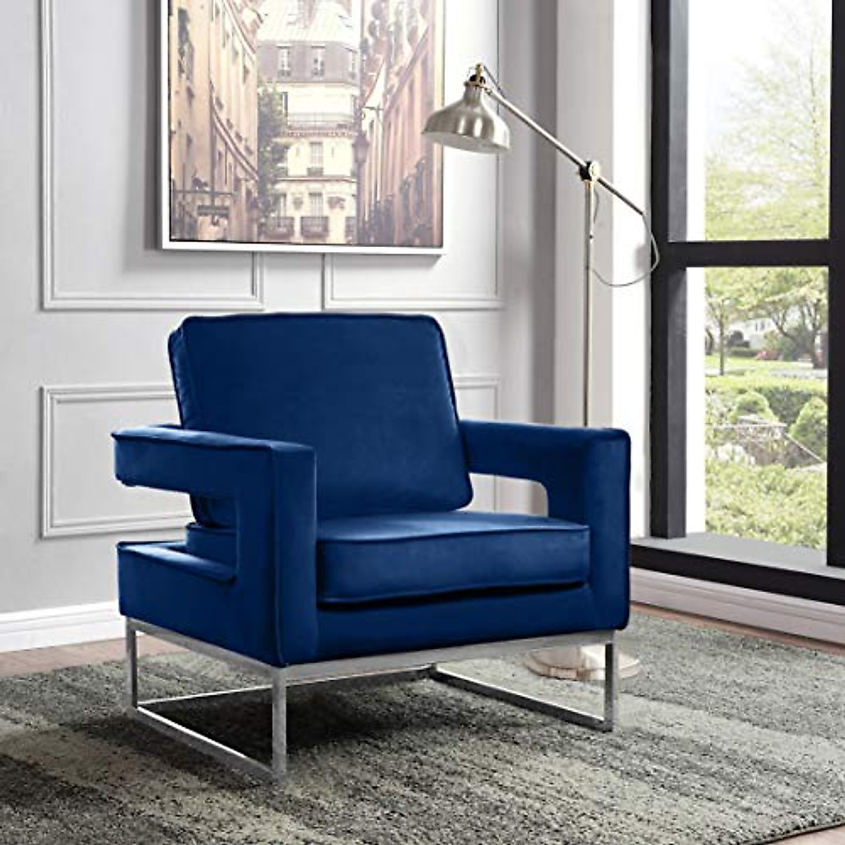 Meridian Furniture Noah Collection Modern | Contemporary Velvet Upholstered Accent Chair with Durable Stainless Steel Base, Navy, Chrome Base