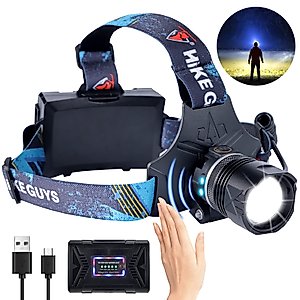 LED Rechargeable Headlamp, Headlight 90000 Lumens Super Bright with 6 Modes & IPX5 Warning Light, Motion Sensor Adjustable Headband Head Lamp, 60° for Adult Outdoor Camping Running Cycling