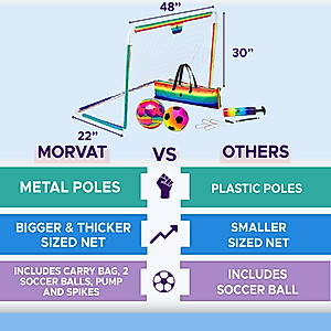 Morvat Kids Metal Poles Soccer Goal Set Portable Lightweight Training Equipment Backyard & Indoors Premium 48”x30” Net + 2 Size Soccer Balls + Ball Pump + Storage Bag – Color: Rainbow