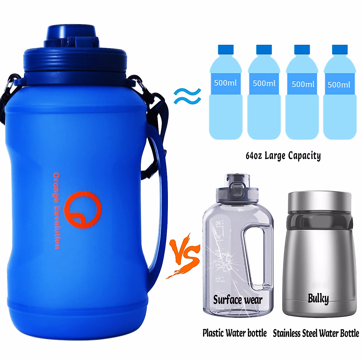 64 oz Collapsible Water Bottles with Straw, Half Gallon Water Bottle with Motivational Time Marker, Large Reusable Silicone Water Jug with Handle for Gym Sports Outdoor Travel Blue