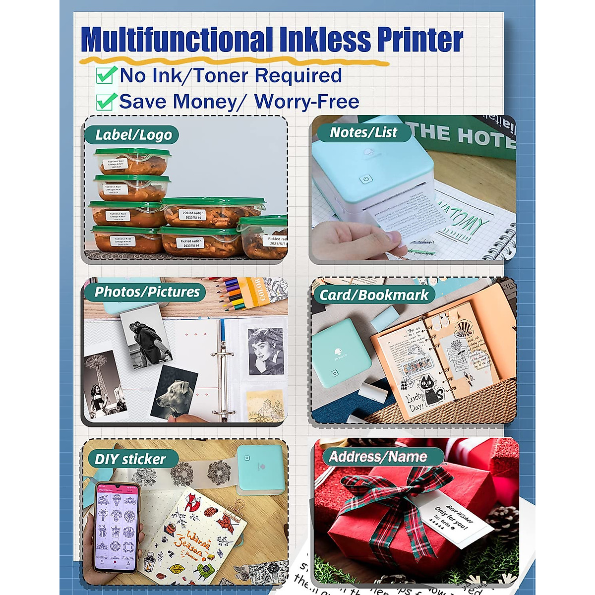 Memoking Inkless Bluetooth Printer - HD 300dpi Photo Sticker Printer Machine Mini - M02 Pro Thermal Mini Printer for Pad&Phone - 2" Mini Sticker Maker Machine Printer for Memo,Photo,DIY,Fun,1D/QR,Logo