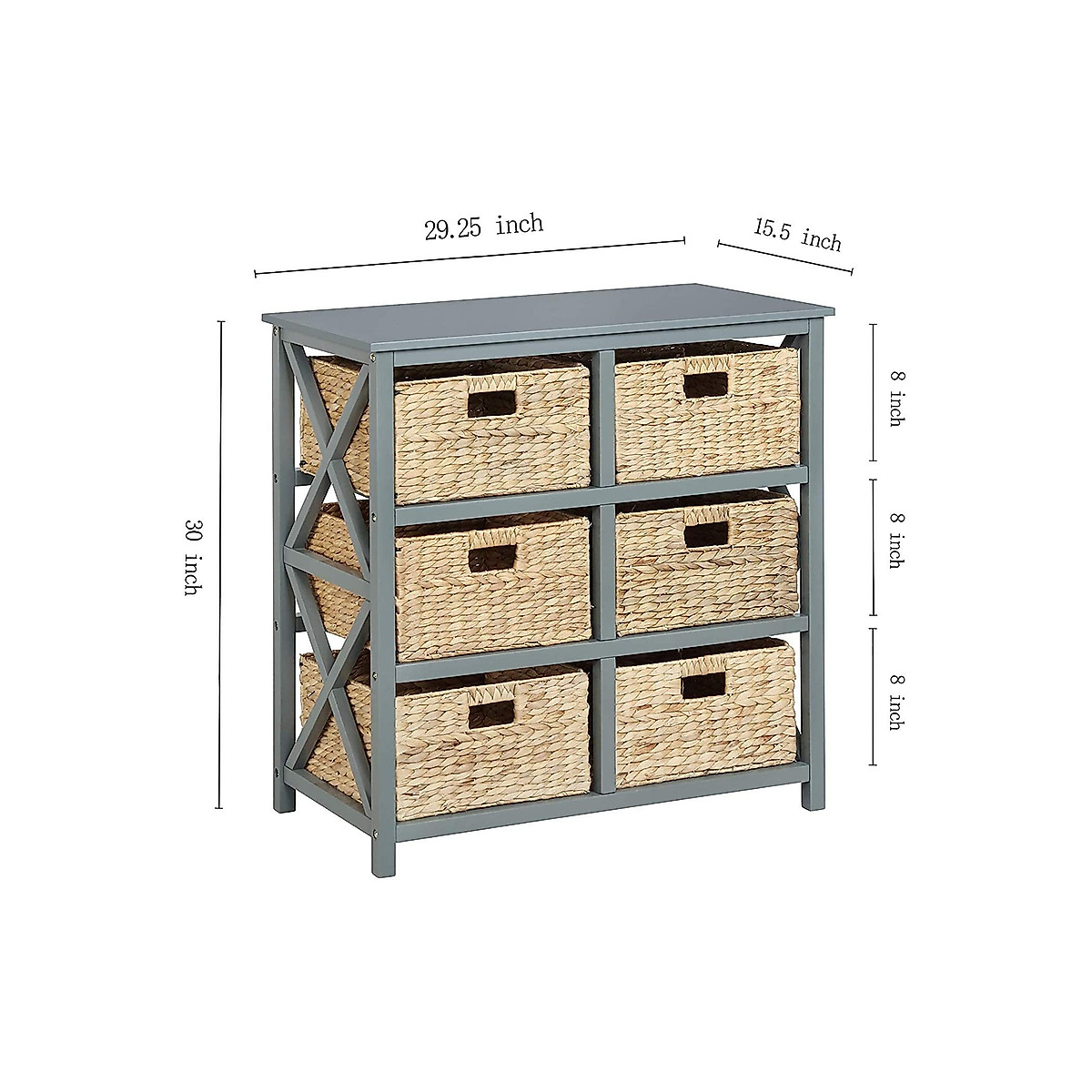 eHemco 3 Tier X-Side End Storage Cabinet with 6 Wicker Baskets, Gray