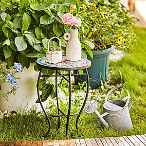 VONLUCE 21" Mosaic Plant Stand, 14 Inch Round Side Table with Ceramic Tile Top, Indoor and Outdoor Accent Table, Outdoor Patio Furniture, End Table for Garden Patio Living Room More, Blue