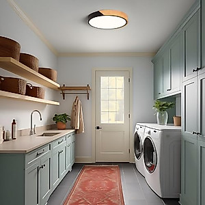 Goomavi Modern LED Ceiling Light, Black Round Wood Flush Mount Ceiling Light Fixture,Minimalist Lighting Ceiling Lamp for Hallway Entryway Bedroom Closet Laundry Room-Not Dimmable 4000K 11.8 Inch