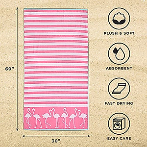 Great Bay Home Large Beach Towel Set of 2 - Striped Flamingo Pink Beach Towels for Adults and Velour Pool Towels 100% Cotton - Lightweight Quick Dry Beach Towel Pack - Beach Towel for Travel