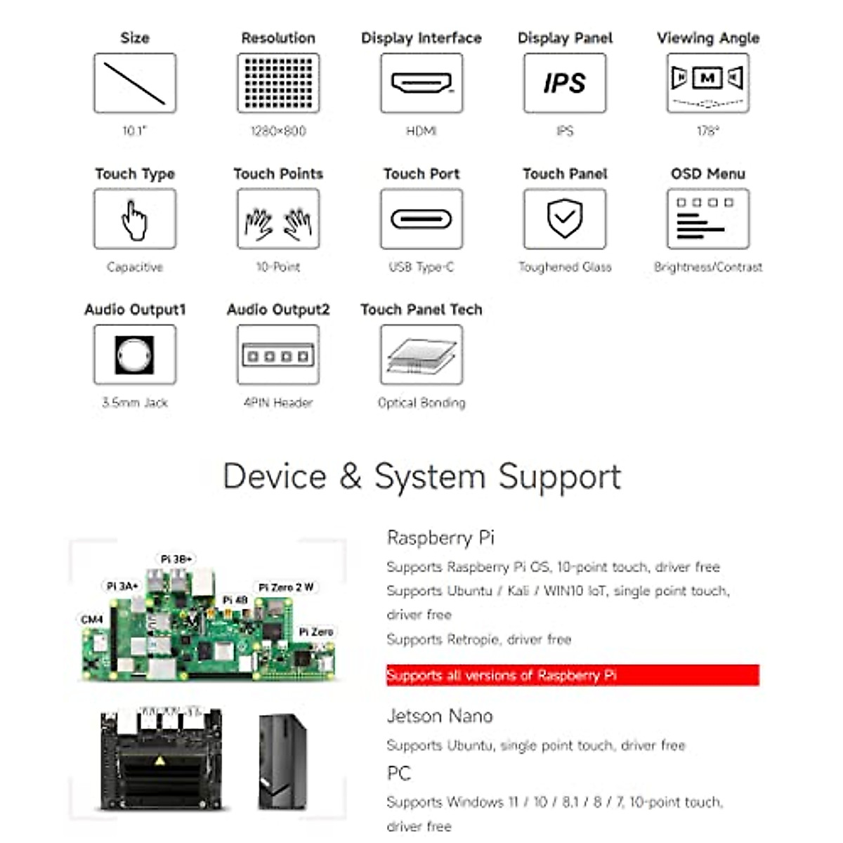 waveshare 10.1inch Capacitive Touch LCD IPS Display, 1280×800 Resolution, HDMI Interface, Compatible with Raspberry Pi 5/4B/3B/Zero/Zero W/Zero 2W/Pico/Pico W/Pico WH, Support Jetson Nano/PC