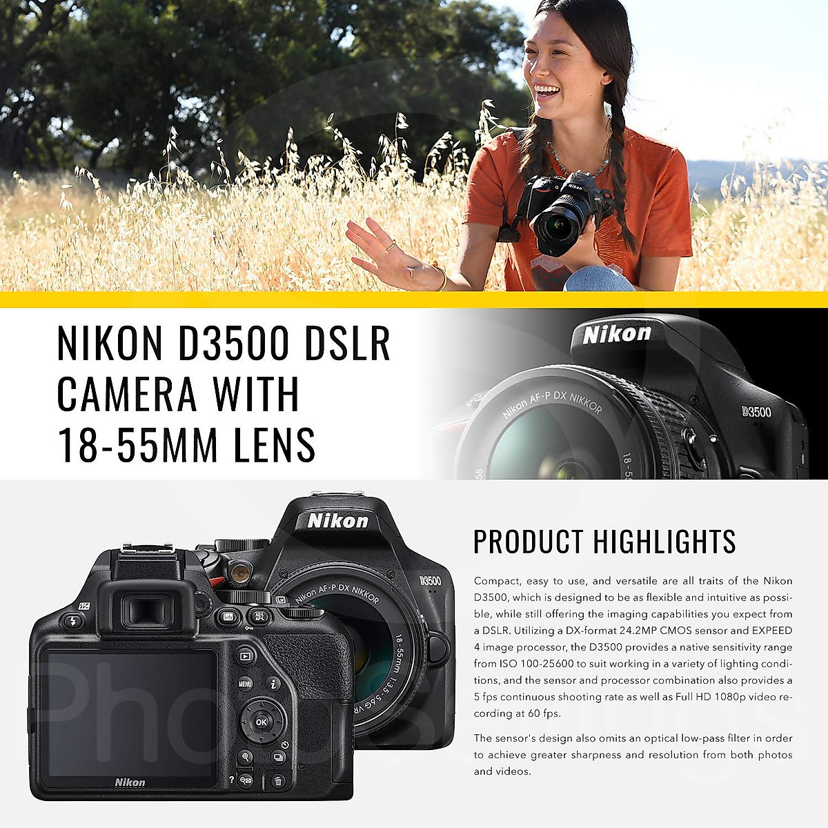 Nikon D3500 DSLR Camera with AF-P DX NIKKOR 18-55mm f/3.5-5.6G VR Lens + 32GB Card, Flash, Tripod, and Bundle