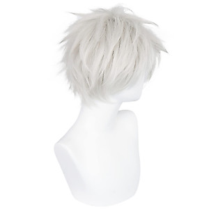 ANOGOL Hair Cap+ Short White Wig for Men Silver White Men's Cosplay Wig Short Silver Mixed White Anime Wigs with Bangs Ivory Hair Straight Fluffy Silvery Halloween Wigs Christmas Party Costume