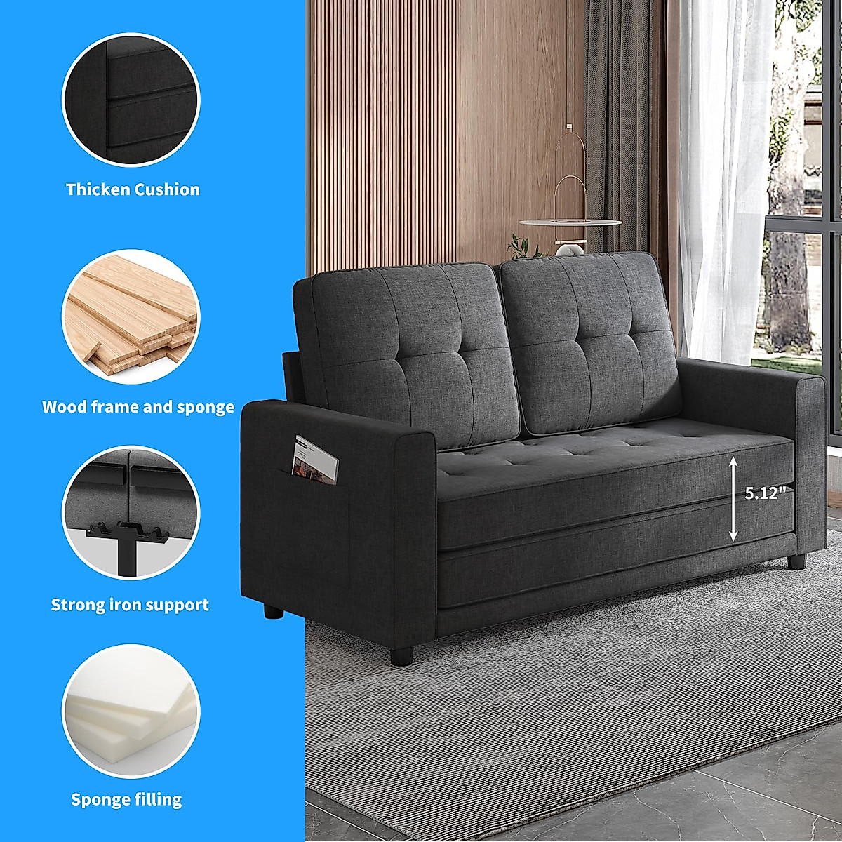 PUREMIND Floor Sleeper Sofa Bed, Upholstery 2-in-1 Pull Out Couch Bed, Loveseat Folding Futon Sofa Bed with Cushion, Convertible Floor Gaming Couch Bed for Living Room, Apartment, Office