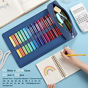 FINPAC Pencil Case, Large Capacity Roll-Up Pencil Pouch Wraps, Pen Pouch Stationery Storage Organizer, Office Stationery Supply, Navy