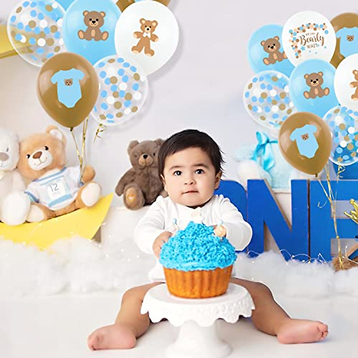 45Pcs Blue Bear Baby Shower Party Balloons, 12" Latex Printed We Can Bearly Wait Brown Creamy Bear Balloon Decor for It's A Boy Gender Reveal Kid Birthday Wedding Photo Prop Party Decorations Supplies