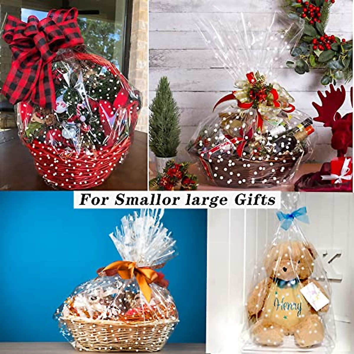 CMFYHM Clear Cellophane Wrap Roll(34" x 120’Ft) 3Mil Polka Dot Cellophane Roll, Cellophane Roll, Gift Wrap Roll, Cellophane Wrap for Gifts, Baskets, Flowers, Party Decorations