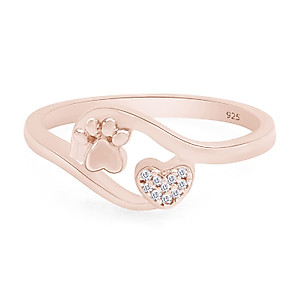 White Natural Diamond Accent Paw Print Heart Ring in 14k Rose Gold Over Sterling Silver (I-J Color, 0.03 Cttw) Ring Size-10