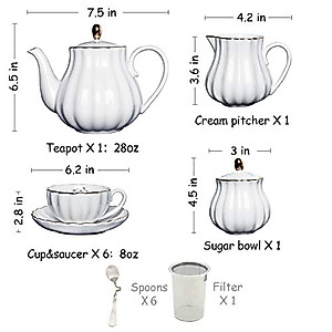 Porcelain Tea Sets British Royal Series, 8 OZ Cups& Saucer Service for 6, with Teapot Sugar Bowl Cream Pitcher Teaspoons and tea strainer for Tea/Coffee, Pukka Home (Pure White)