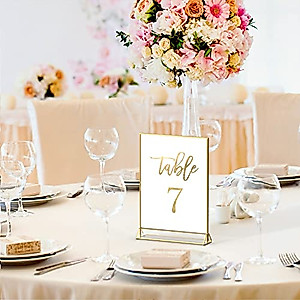 NIUBEE 6Pack 4 x 6 Clear Acrylic Sign Holder with Gold Borders and Vertical Stand, Double Sided Table Menu Holders Picture Frames for Wedding Table Numbers, Restaurant Signs, Photos and Art Display