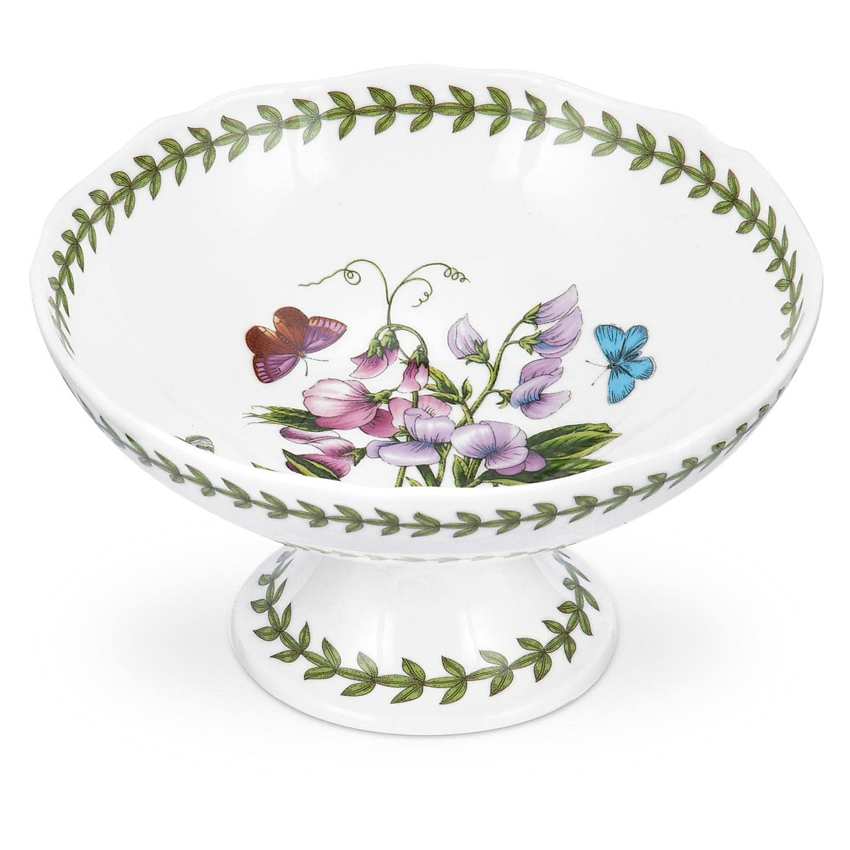 Portmeirion Botanic Garden Scalloped Edge Footed Bowl | 7 Inch Serving Bowl with Sweet Pea Motif | Made from Porcelain | Microwave and Dishwasher Safe