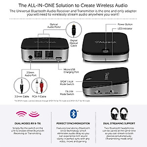 Aluratek ADB1B Bluetooth Audio Receiver and Transmitter, 2-in-1 Wireless 3.5mm, AUX, Optical Audio Adapter, Pairing with 2 Bluetooth Headphones Simultaneously in Transmitter Mode, Small