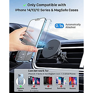 YOSH Mag-Safe Car Mount Air Vent, Car Phone Holder iPhone Magnetic Phone Car Mount Magnet Phone Holder for Cars, for iPhone 14/13/12 Series & MagSafe Case with Double Lock Clip Without Metal Plates
