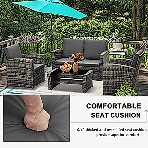 Vakollia 4 Piece Outdoor Patio Furniture Sets, Wicker Rattan Conversation Sofa Set with Table & Chair for Backyard Balcony Garden Poolside Porch (Grey-Dark Grey)
