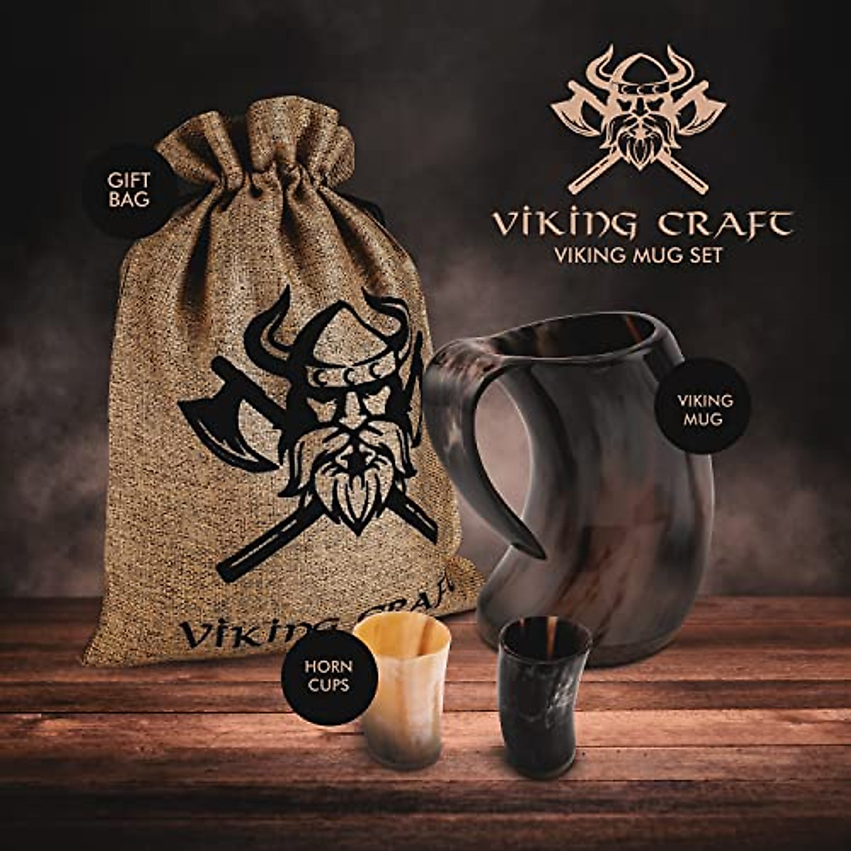 VIKING CRAFT Drinking Horn Mug - Hand Crafted 20oz Beer Mug Set with 2 Horn Cups - Great Viking Gifts for Men, Viking Decor Beer Stein, Norwegian Mead Tankard Mug, Medieval Viking Mug, Coseplay, LARP