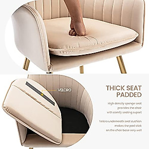Gold Thumb Velvet Dinning Chair Set of 2 Mid-Back Accent Chair Modern Leisure Armchair with Gold Plating Legs Upholstered Living Room Chair (Beige-2PCS)