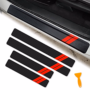 REMOCH Door Sill Protector for Dodge Charger Challenger Durango Accessories Car Door Entry Guard Sill Protector with Plastic Scraper Carbon Fiber Leather Threshold Stickers（Red, 4PCS）