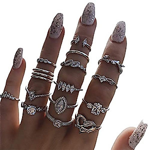 wpOP59NE Ring Set, 15Pcs/Set Bohemian Women Heart Rhinestone Stackable Finger Ring Jewelry Gift Silver