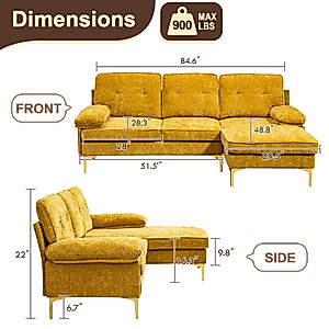 PALLOME 84" Convertible Sectional Sofa Couch, L Shaped Sofa Couch with Reversible Chaise, Chenille 3-Seat Lounge Couch, Sleeper Sofa Bed for Small Space, Living Room, Apartment (Yellow)