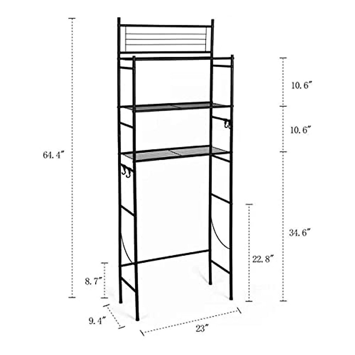 L&H UNICO 3-Shelf Wire Freestanding Shelving Unit Over The Toilet Storage Organizer Rack Bathroom Space Saver, Includes 4-Hooks, Black