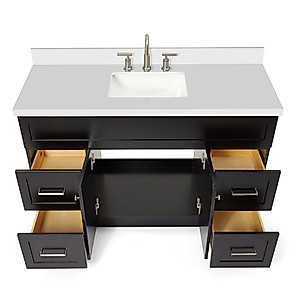 ARIEL 55" Inch Bathroom Vanity in White with 1.5" Inch Thick Edge White Quartz Countertop, 2 Soft Closing Doors & 4 Full Extension Dovetail Drawers, Built in Toe Kick, Satin Nickel, No Mirror (Black)