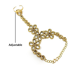 Duel On Jewel Traditional Indian Ethnic Womens Bridal Wedding Party Gold Plated Hand Piece Ornament Haath Phool Bracelet Set Attached with One Adjustable Ring in White Kundan Stone