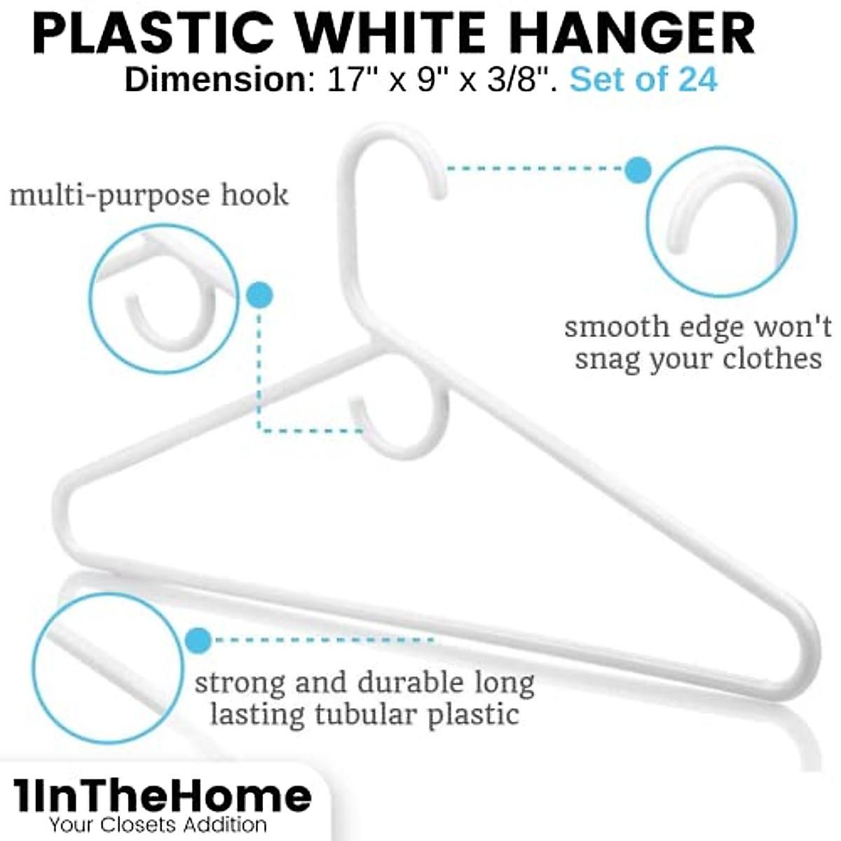 1InTheHome Heavy Duty White Hangers Tubular Plastic Hangers, Set of 24 (Heavy Duty)