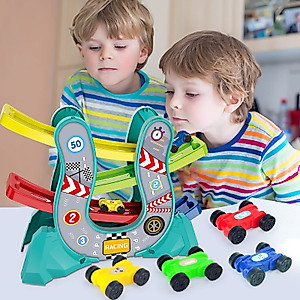 Toys Car Ramp Racer Toy Vehicle Track Set for Toddler 1 2 3 Year Old Boys Girls Gifts,Garage Playset with 4 Mini Racers & Building Parking Lot, Green