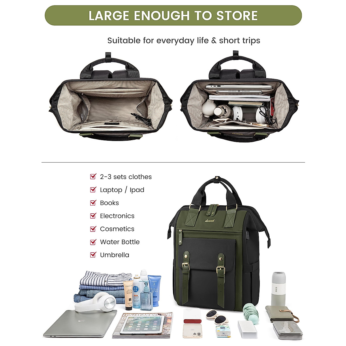 LOVEVOOK Laptop Backpack for Women Work Travel Backpack Purse, Nurse Bags Teacher Doctor Commuter Business Computer Bag, College Backpack Stylish Daypack, 15.6 Inch, Black-army green-army green
