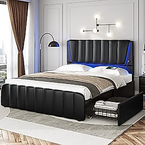 FORABAMB Full Size Bed Frame with LED Lights and USB Ports, Upholstered Platform Bed Frame with Adjustable Headboard and 4 Storage Drawers, No Box Spring Needed,Noise Free, Black