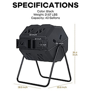 MGHH Outdoor Composting Bins, Tumbling Composter Dual Rotating Batch Compost Bin, for Yard Waster 43 Gallon Black Door