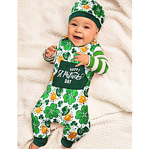 St Patricks Day Baby Boy Girl Outfit 12-18 Months Green Striped Long-Sleeved Four-Leaf Clover Onesie 3-Piece Set St. Patrick'S Day Toddler Boy Outfit Romper