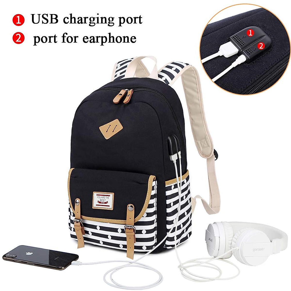 BAGTOP School Canvas Backpack Set - 15" Laptop Backpack with USB Charger Port Travel Daypack Bookbag + Drawstring Backpack + Purse/Clutch Pouch(Black-4)