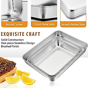 Baking Pans Set of 3, E-far Stainless Steel Sheet Cake Pan for Oven - 12.5/10.5/9.4Inch, Rectangle Bakeware Set for Cake Lasagna Brownie Casserole Cookie, Non-toxic & Healthy, Dishwasher Safe